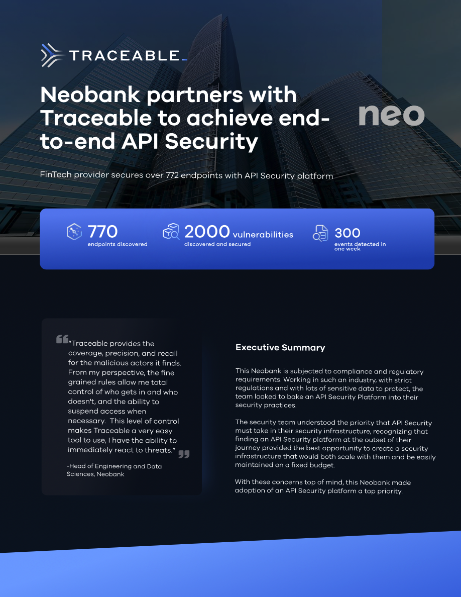 Neobank Partners with Traceable to Achieve End-to-End API Security - Traceable API Security